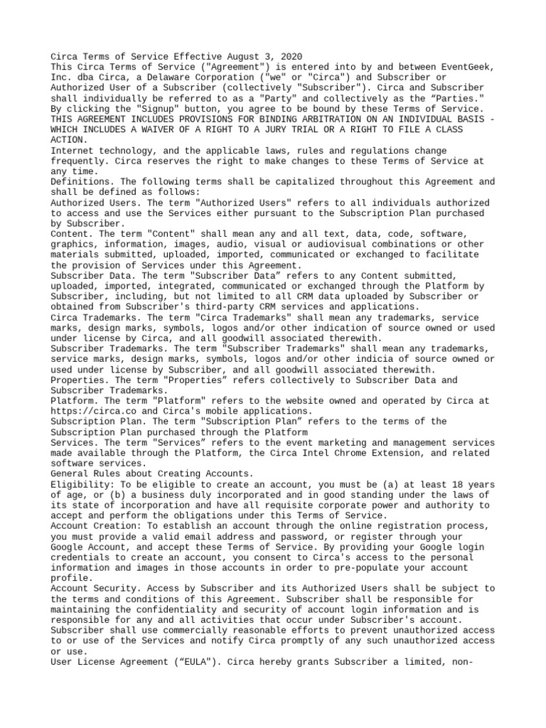 Circa Terms of Service Overview | PDF | Subscription Business Model | Indemnity