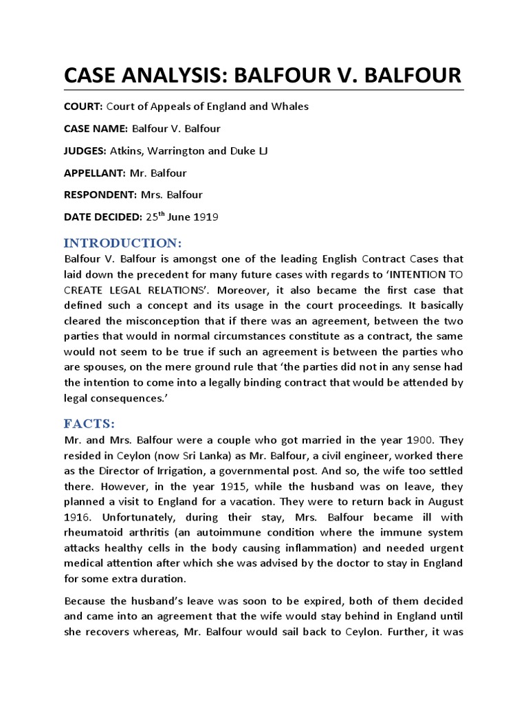 Research- Case Analysis- Balfour v. Balfour | PDF | Consideration | Alimony