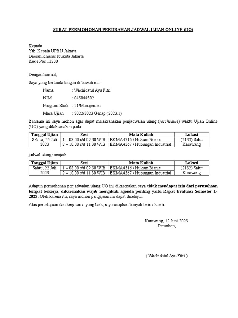 Surat Permohonan Perubahan Jadwal Ujian Online | PDF