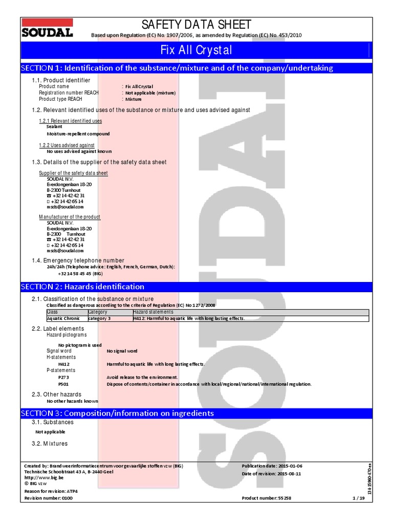 Soudal Fix-All-Crystal-MSDS-55258 | PDF | Chemistry | Physical Sciences