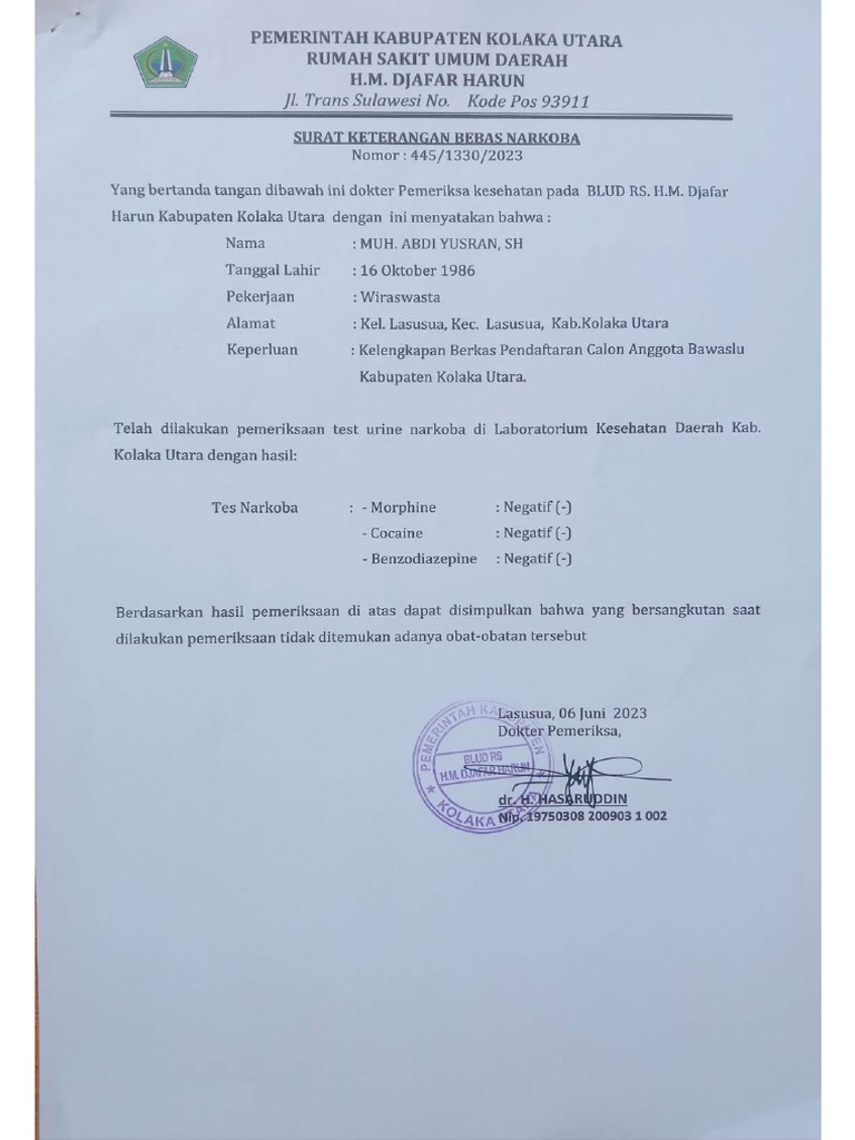 SURAT KETERANGAN BEBAS NARKOBA | PDF