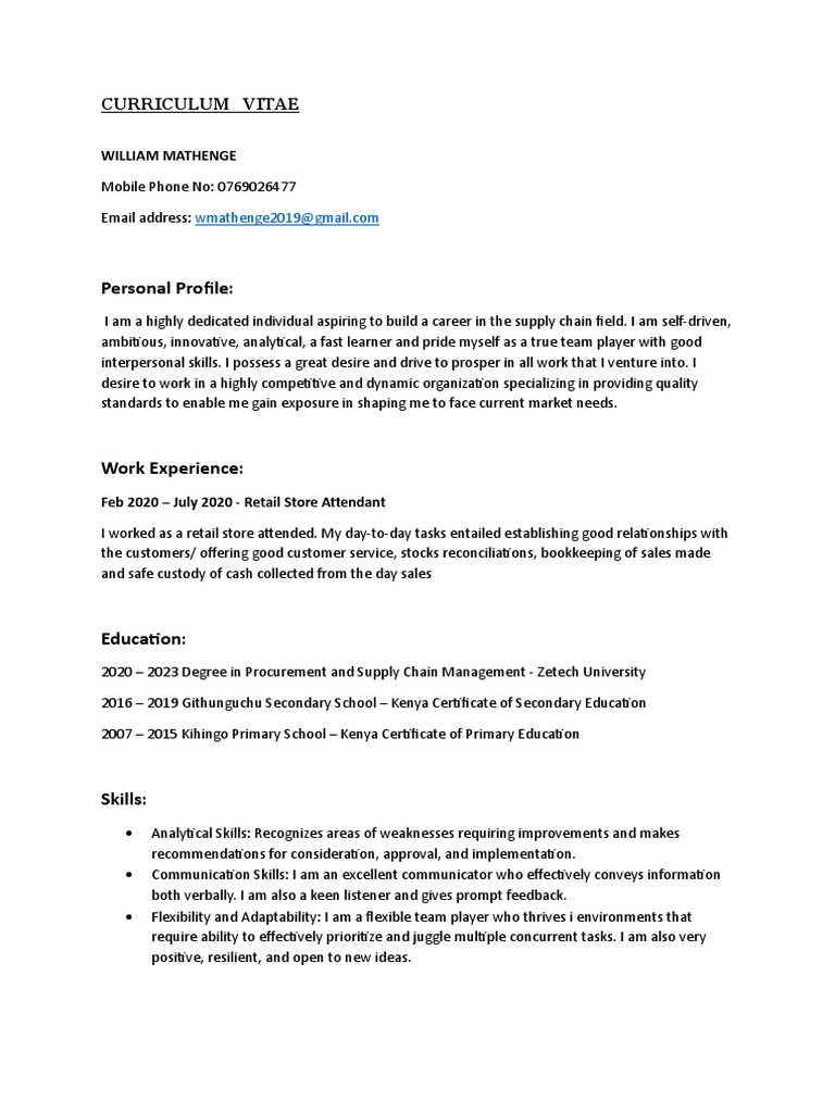 Curriculum Vitae - William Mathenge | PDF | Business | Cognition