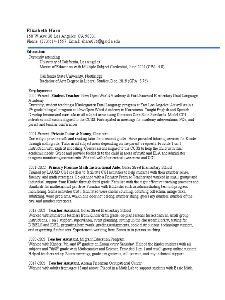 Elizabeth Haros Resume | PDF | Teachers | Mathematics
