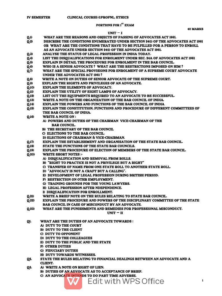Clinical Course-I Profnl. Ethics 1st Test Portions | PDF