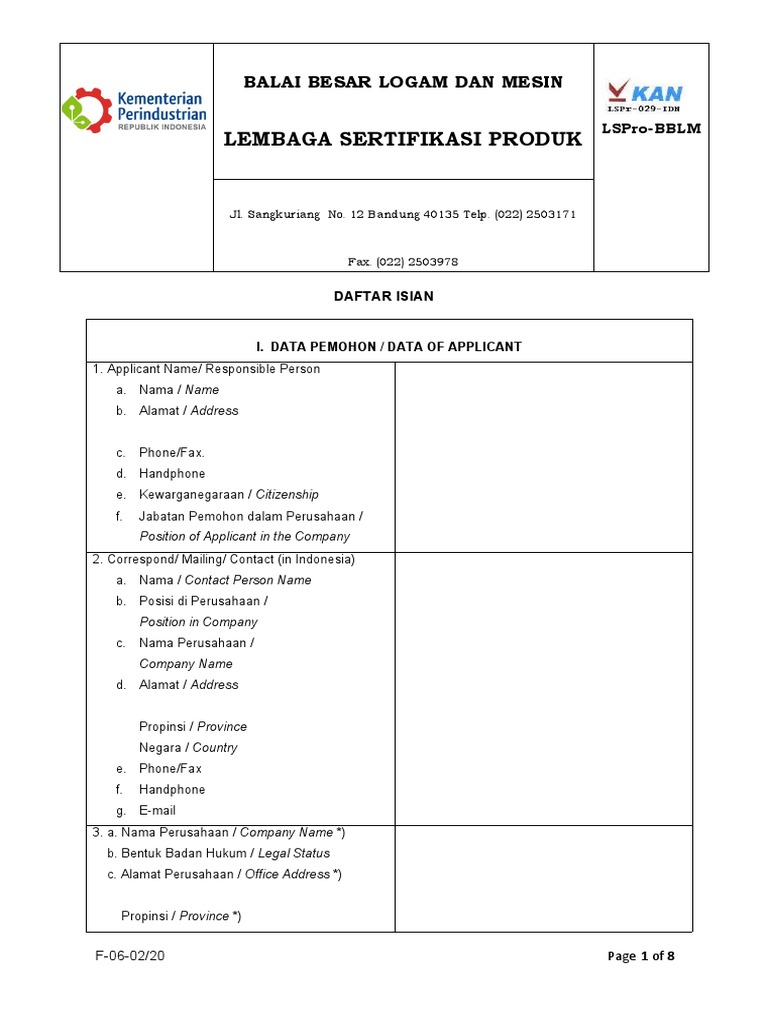 F 06 02 SPPT SNI Application Form | PDF