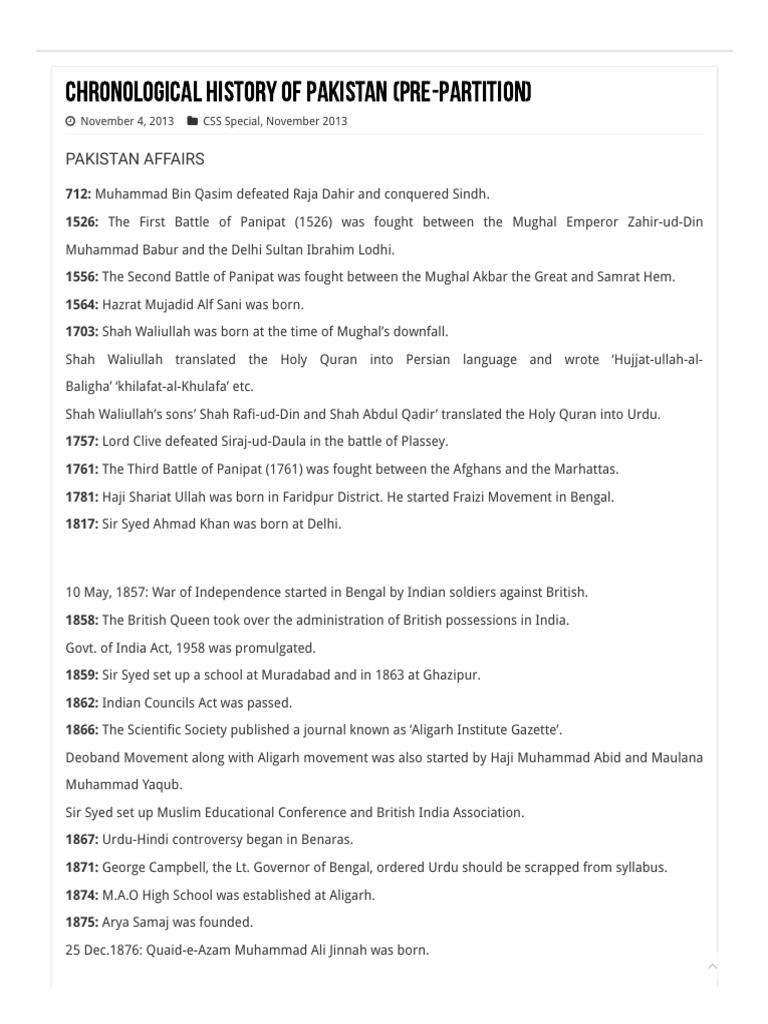 CHRONOLOGICAL HISTORY OF PAKISTAN (PRE-PARTITION) – Jahangir's World Times | PDF