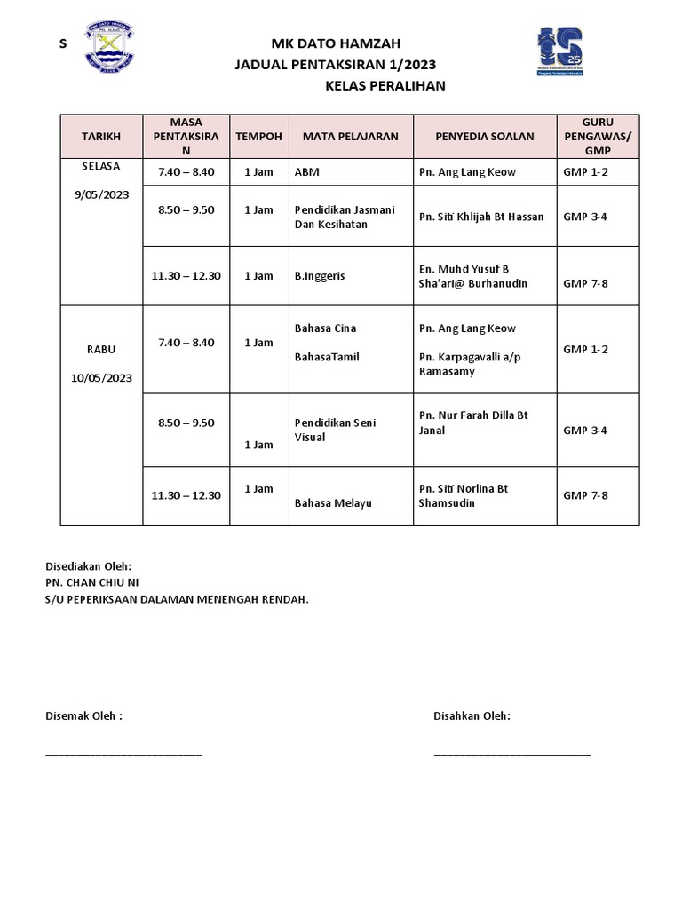 Jadual Pentaksiran 1 2023 | PDF