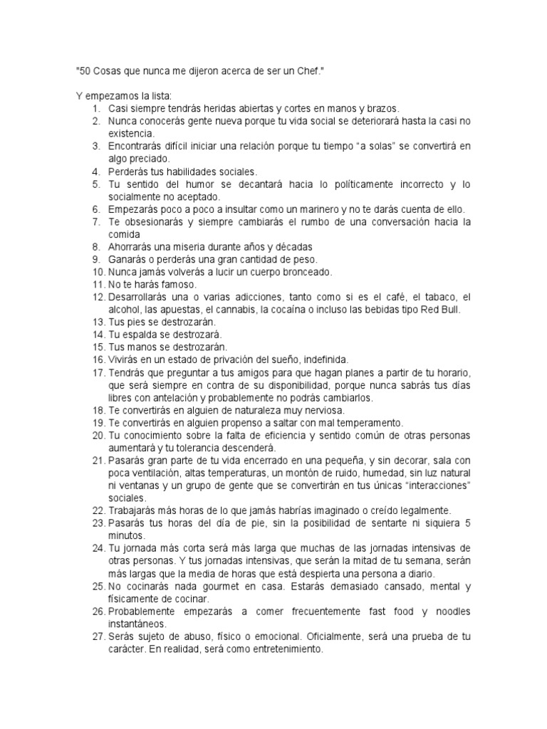 50 Cosas Que Nunca Me Dijeron Acerca de Ser Un Chef | PDF | Relaciones ...