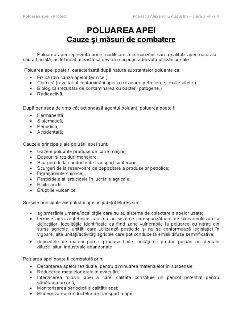 Poluarea Apei - Proiect | PDF