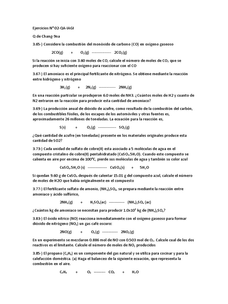 Ejercicios de Química: Reacciones y Cálculos | PDF | Combustión | Dióxido de carbono