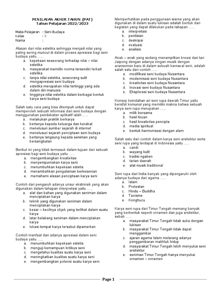 Soal Pat SB 10 | PDF | Ilmu Sosial | Seni