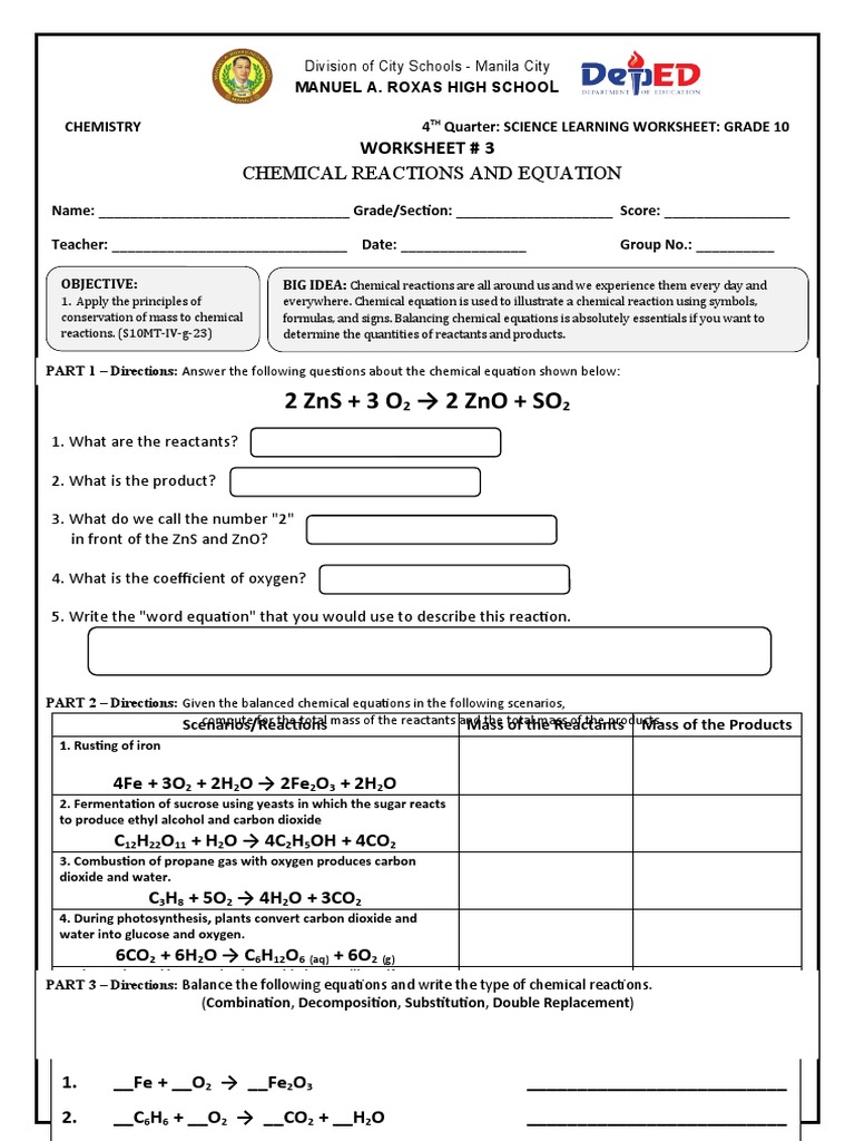 Grade 10 Chemistry Worksheet | PDF | Chemical Reactions | Sucrose