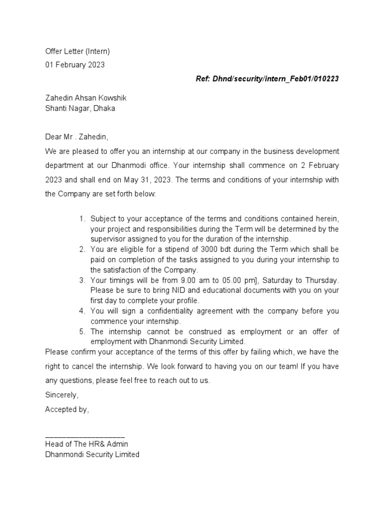 Offer Letter (Intern) | PDF