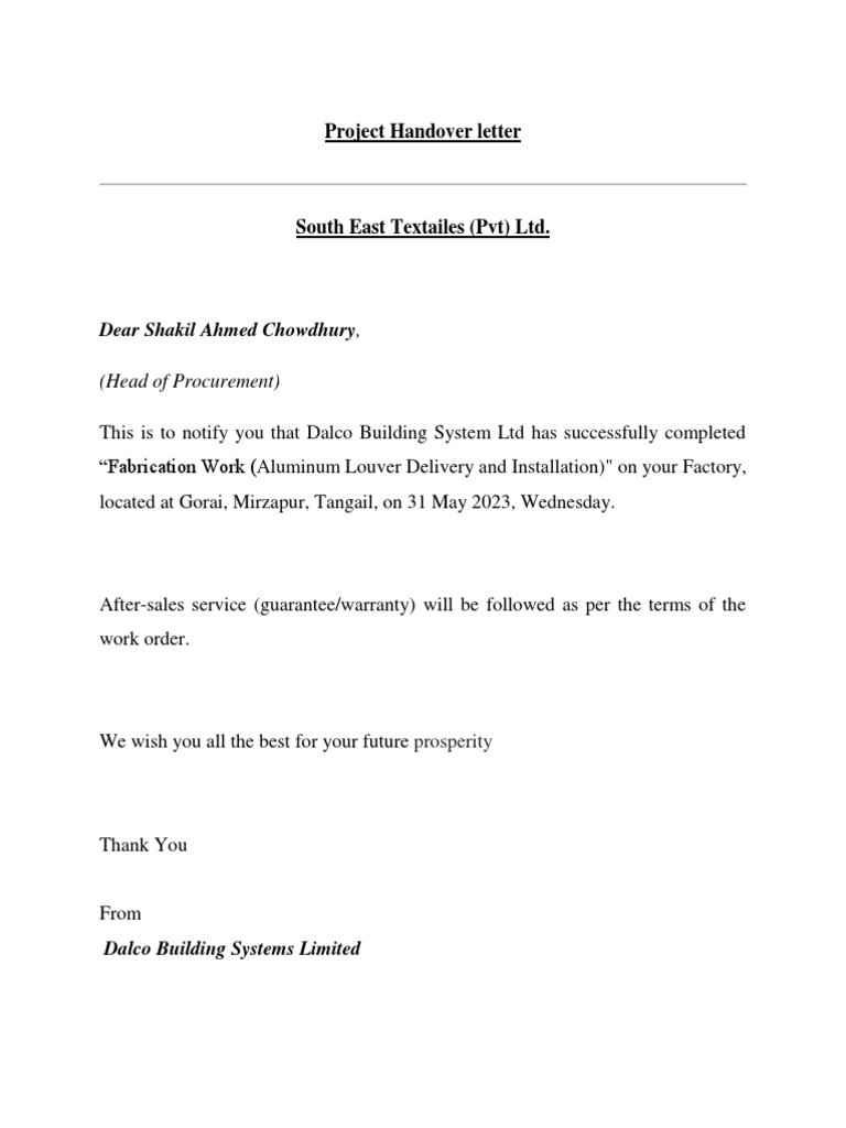 Project Handover Letter South East | PDF