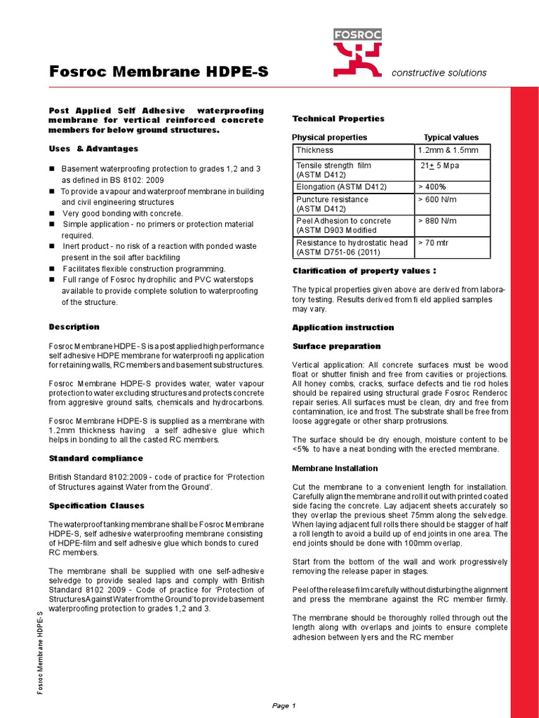 TDS Fosroc Membrane HDPE S India2 | PDF