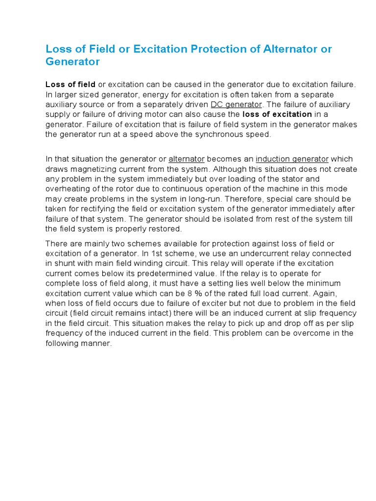 Loss of Field or Excitation Protection of Alternator or Generator | PDF ...