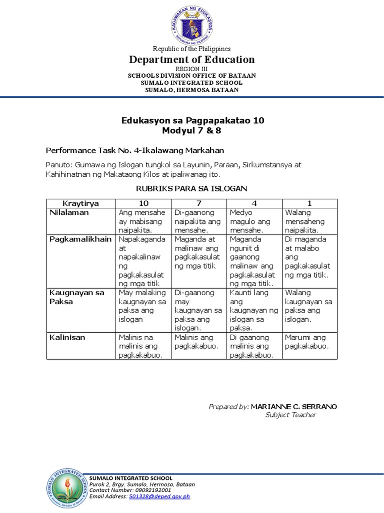 Performance Task No. 4 For Second Quarter EsP 10 | PDF