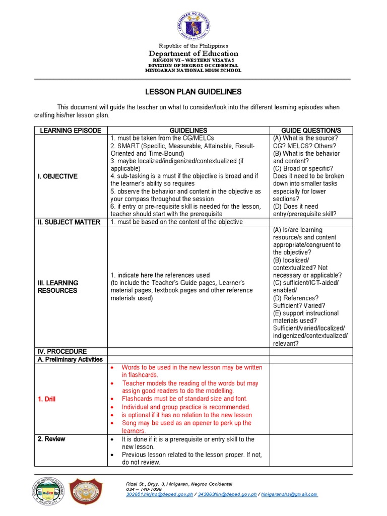 Lesson Plan Guidelines for Teachers | PDF