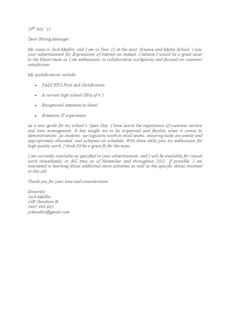 Cover Letter (Kmart) | PDF