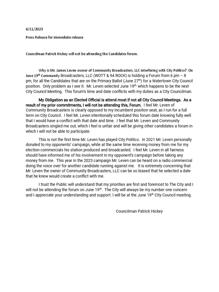 City Councilman Patrick Hickey Statement June 11, 2023 | PDF