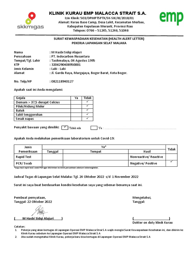 Surat Kewaspadaan Kesehatan Pekerja Lapangan EMP MS SA | PDF