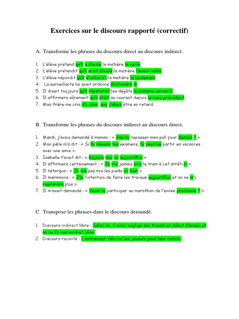 Exercices Sur Le Discours Rapporte Correctif | PDF