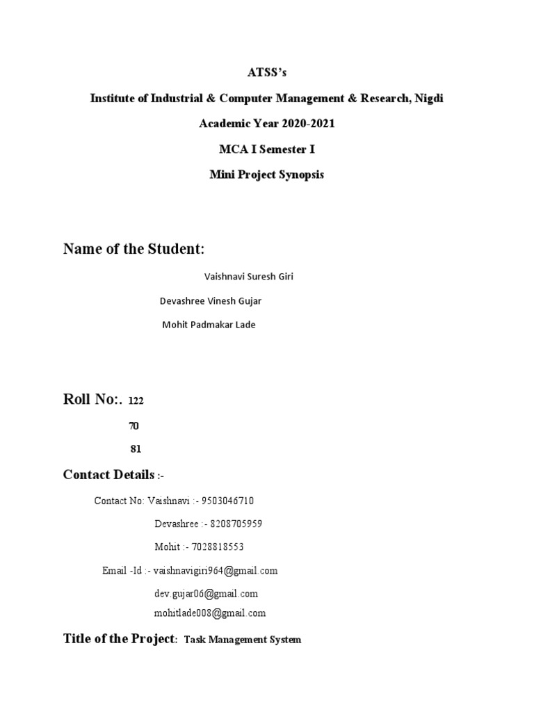 Task Management System Project Synopsis | PDF | User (Computing) | Software
