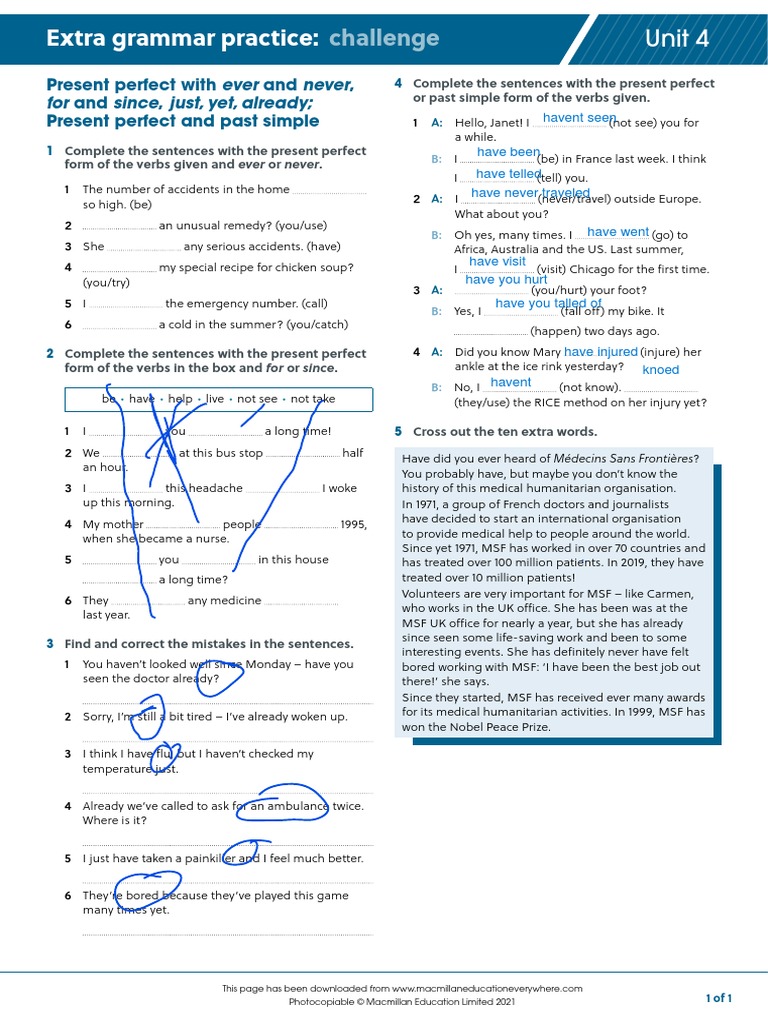 B1 U4 Extra Grammar Practice Challenge | Download Free PDF | Médecins Sans Frontières | Medicine