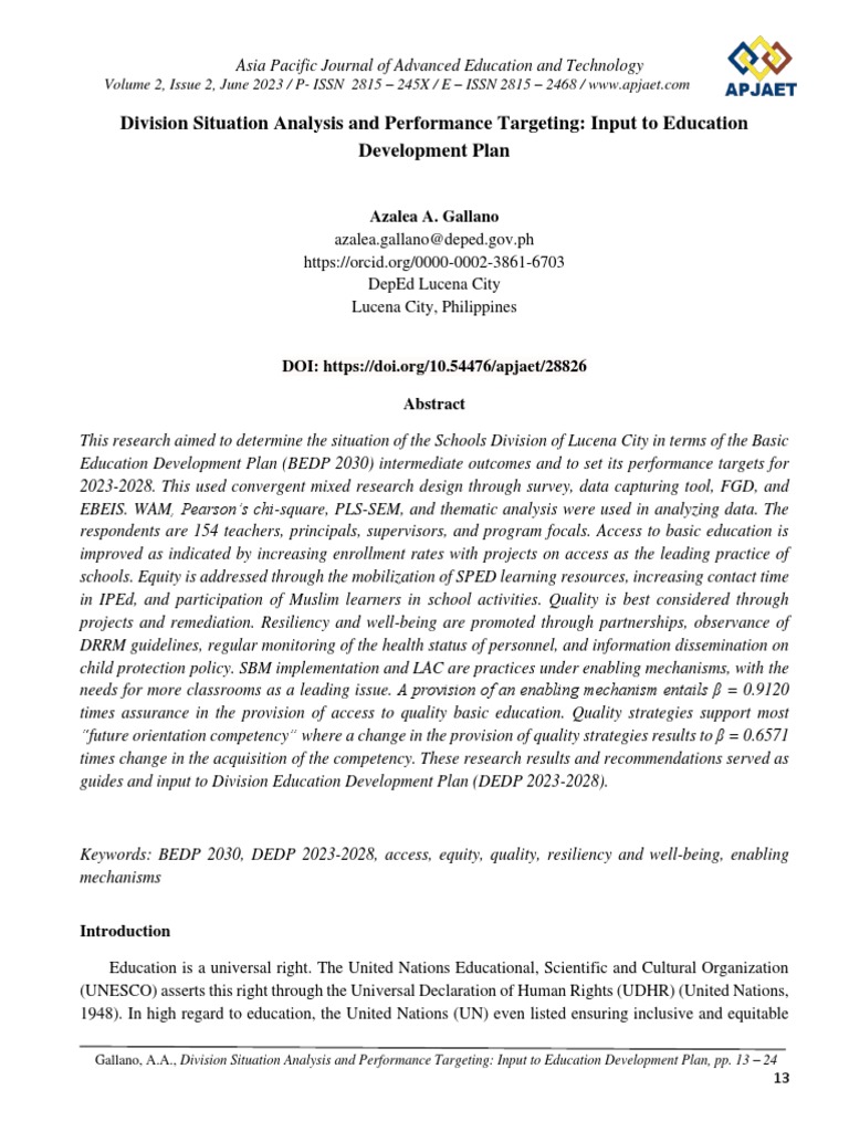 Division Situation Analysis and Performance Targeting Input To Education Development Plan | PDF ...
