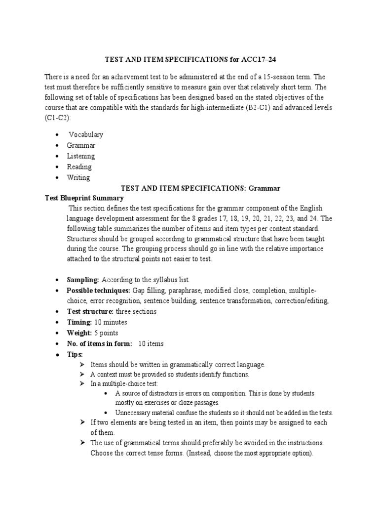 TEST AND ITEM SPECIFICATIONS For ACC17 | PDF | Multiple Choice ...