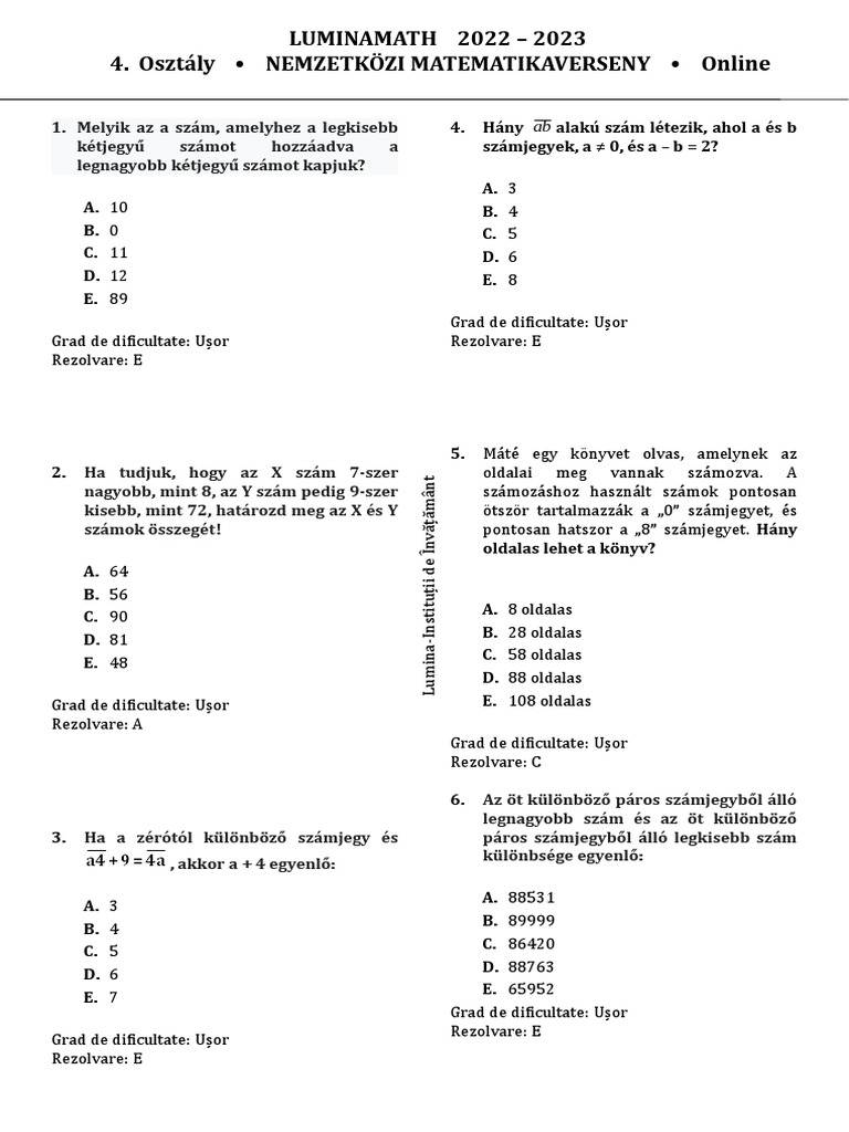 Luminamath Xxvi 2022 Hu Online - Clasa 4 | PDF