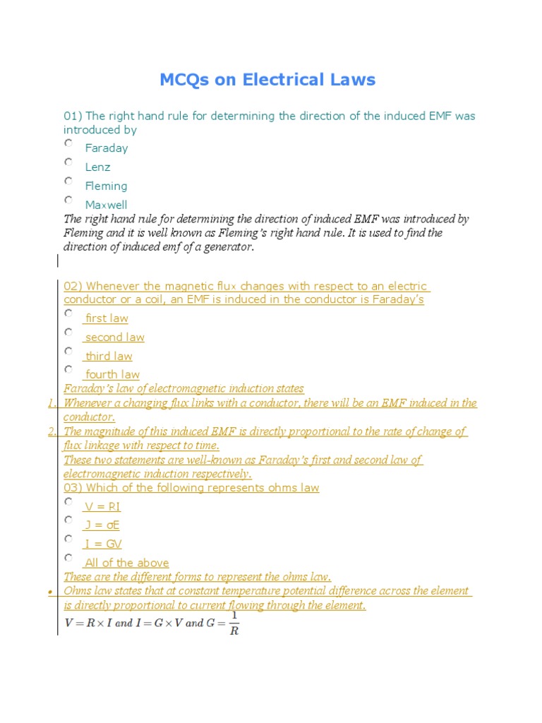 MCQs On Electrical Laws | PDF | Electromagnetic Induction | Electric Motor
