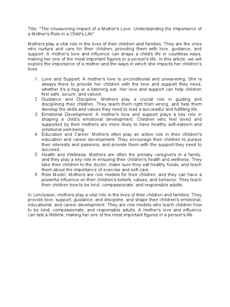 Understanding The Importance of A Mother's Role in A Child's Life | PDF | Love | Behavioural ...