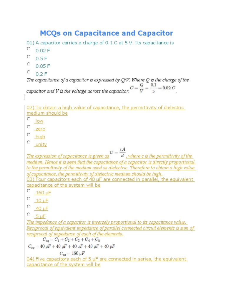 MCQs On Capacitance and Capacitor | PDF | Capacitor | Capacitance