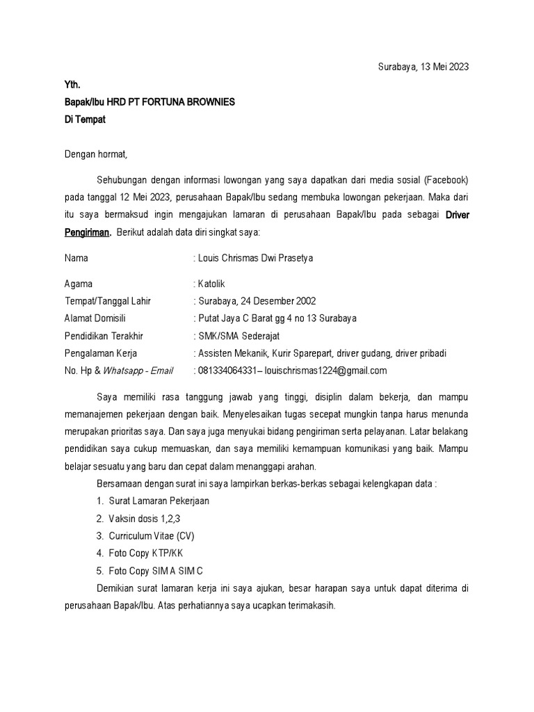 Surat Lamaran Kerja Driver | PDF