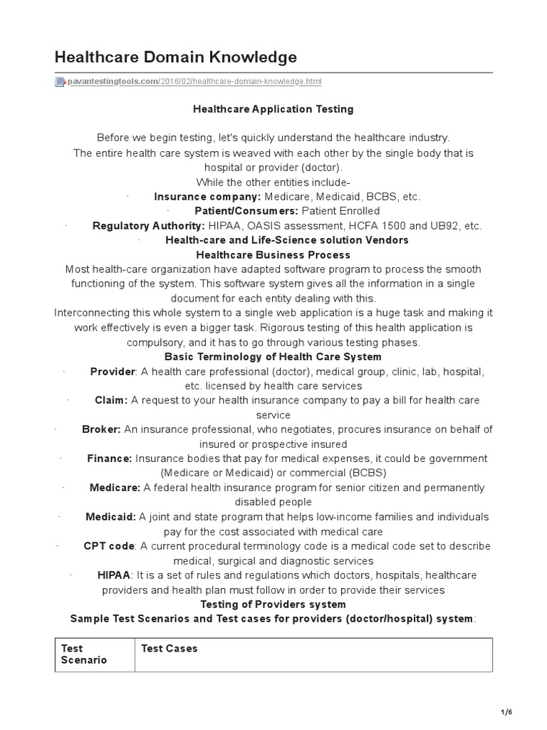 Healthcare Domain Knowledge | PDF | Software Testing | Health Care