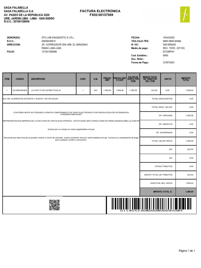 Factura Electrónica SAGA FALABELLA 2023 | PDF | Tecnología bancaria | Pagos