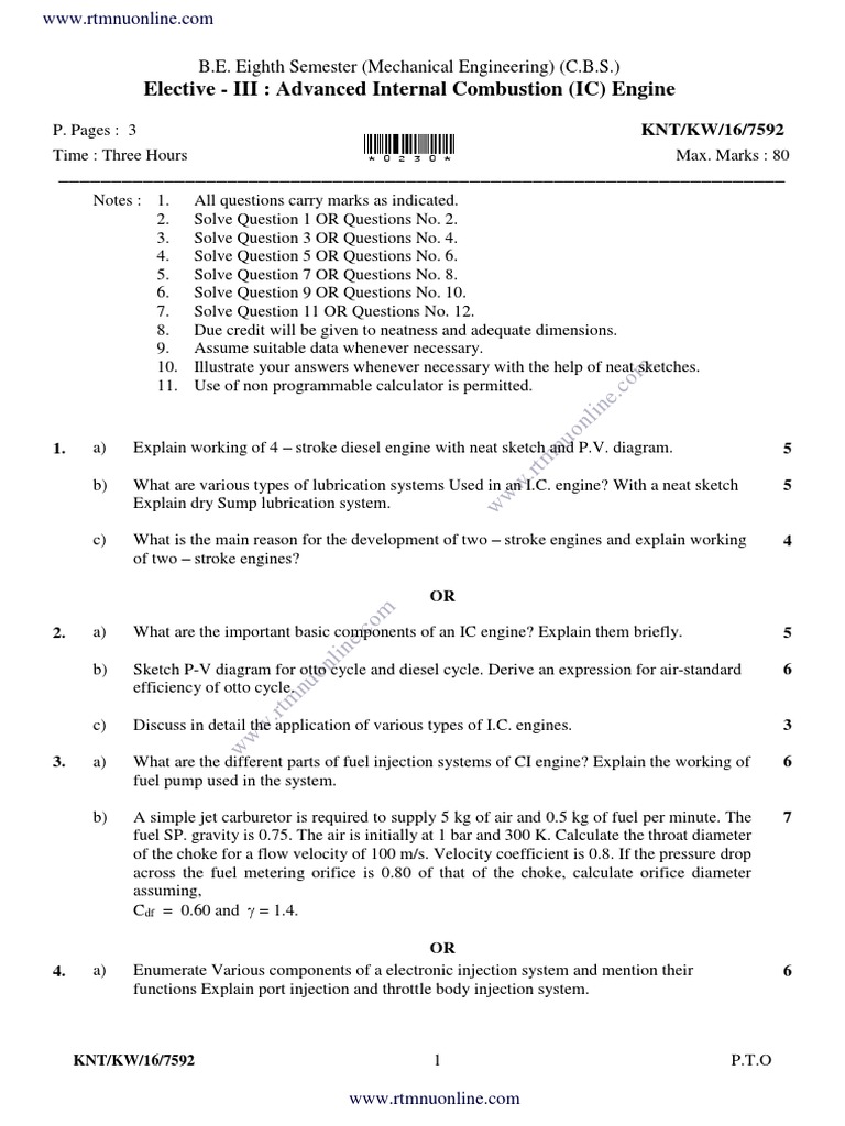 Me 8 Sem Advanced Internal Combustion (Ic) Engine Winter 2016 | PDF | Fuel Injection | Diesel Engine
