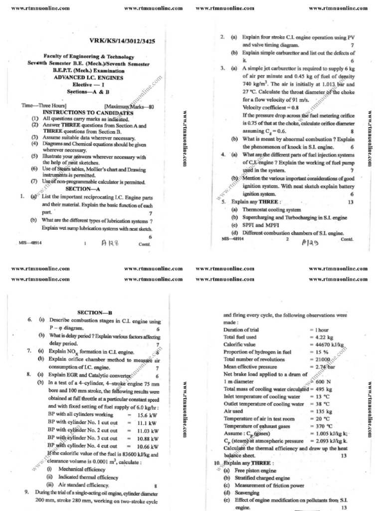 Me 7 Sem Advanced Ic Engines 2014 | PDF