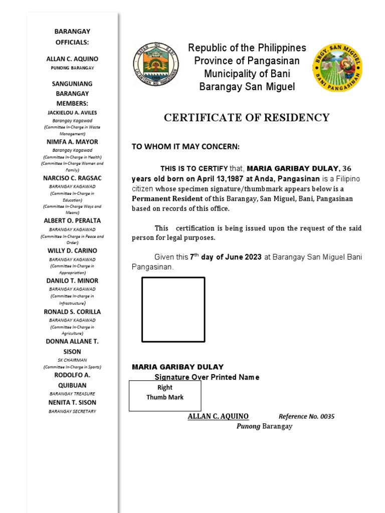 Resid Cert. 2022 | PDF | Philippines