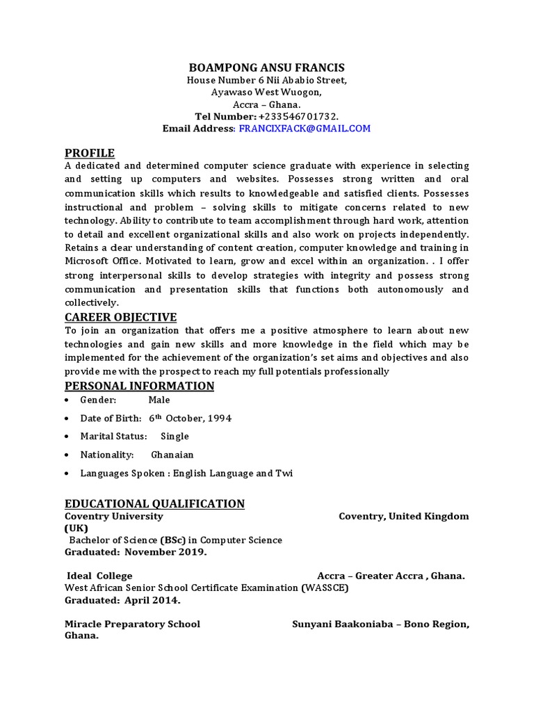 Francis Boampong CV | PDF | Computer Hardware | Technical Support