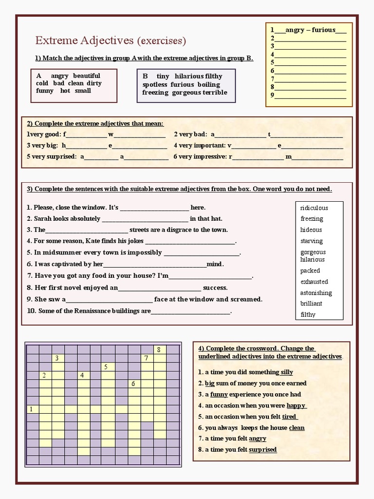 Extreme Adjectives Exercises Grammar Drills Oneonone Activities Test | PDF