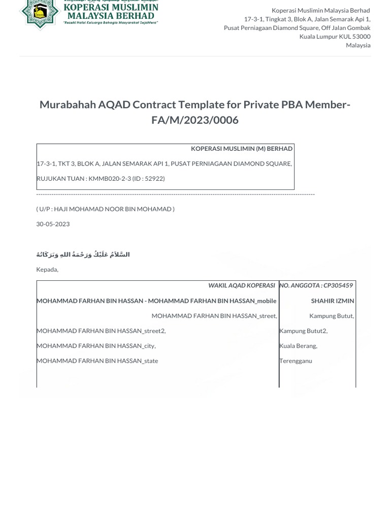 Murabahah AQAD Contract Template For Private PBA Member-FA - M - 2023 ...