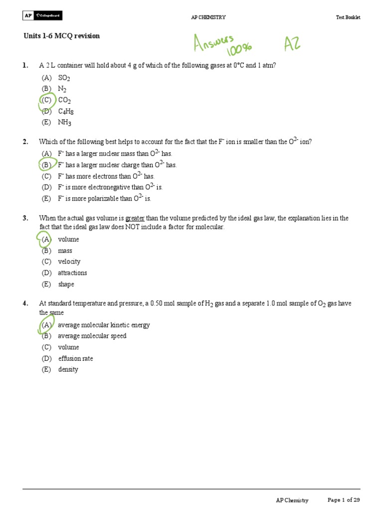 AP Chemistry Units 1-6 MCQ Revision | PDF