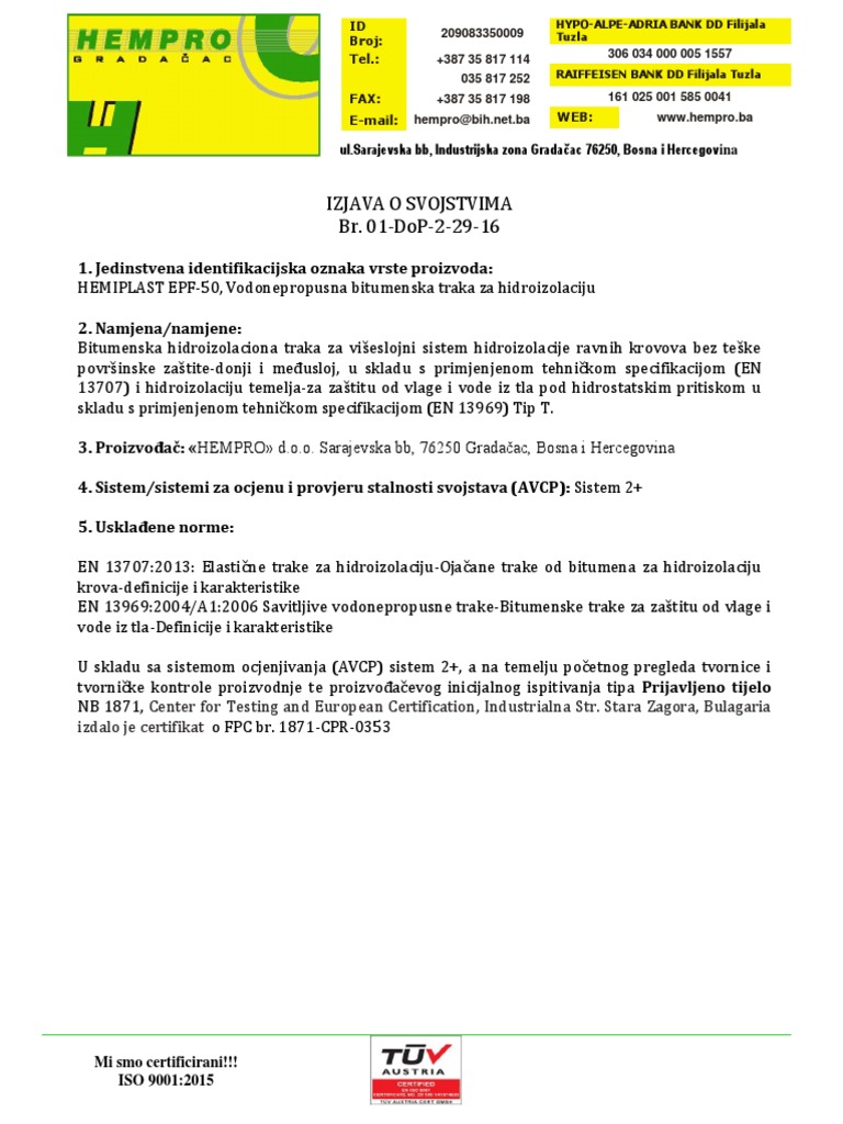 Izjava o Svojstvima-Hemiplast Epf-50 | PDF