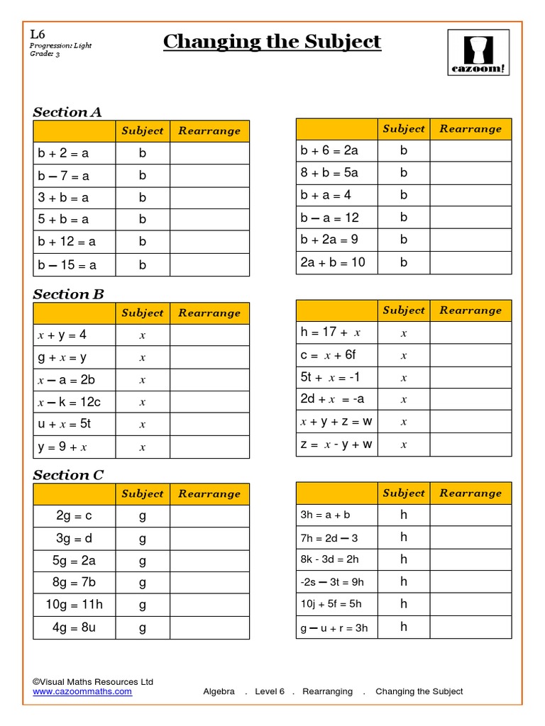 Algebra. Level 6. Rearranging. Changing The Subject | PDF