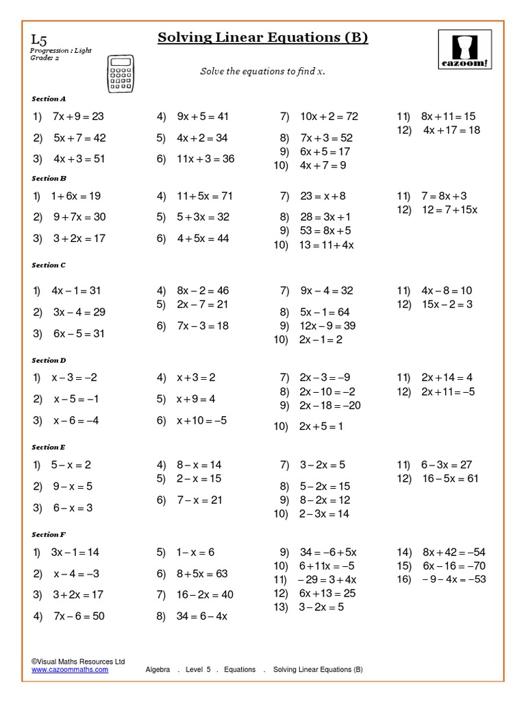 Algebra. Level 5. Equations. Solving Linear Equations (B) | PDF