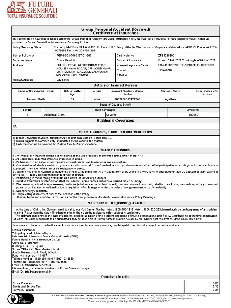 Policy Certificate 5E9C0822 0AA5 4091 A5AD 4AD537CBA07B | PDF | Insurance
