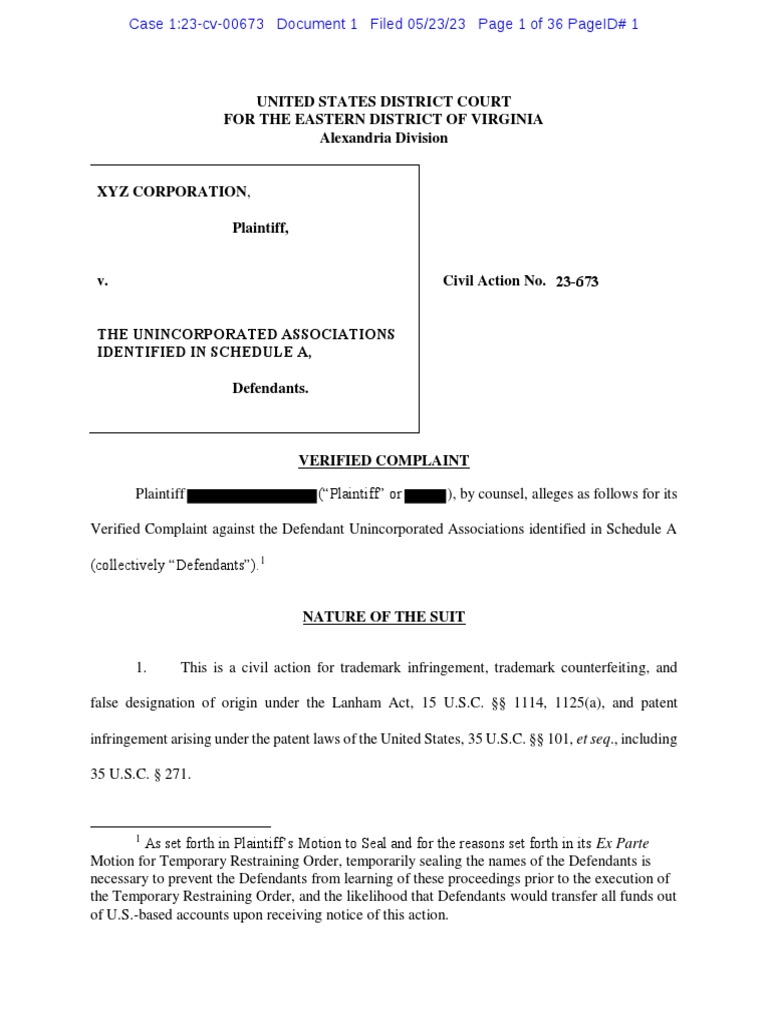 XYZ v. Schedule A (1:23-cv-00673) (E.D. Va.) - Complaint | PDF