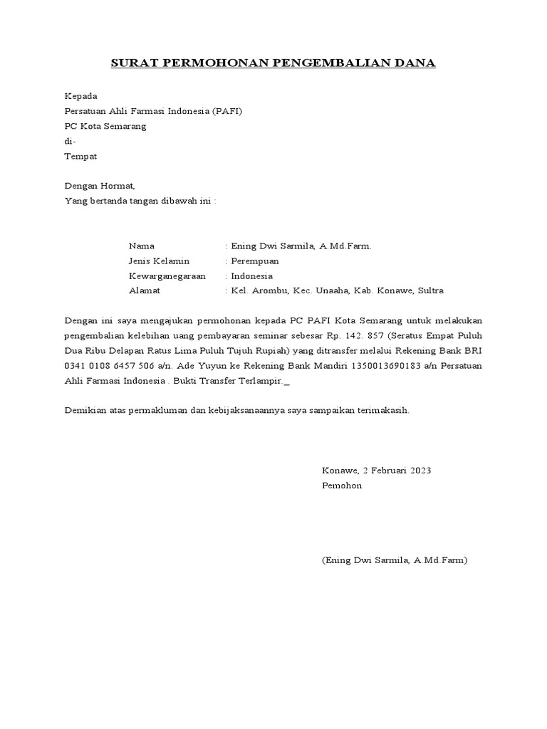 Permohonan Pengembalian Dana | PDF
